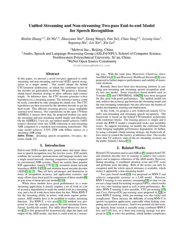 Unified Streaming and Non-streaming Two-pass End-To-End Model for Speech Recognition | PDF ...