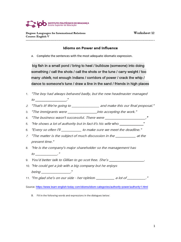 Idioms on Power for Language Students | PDF