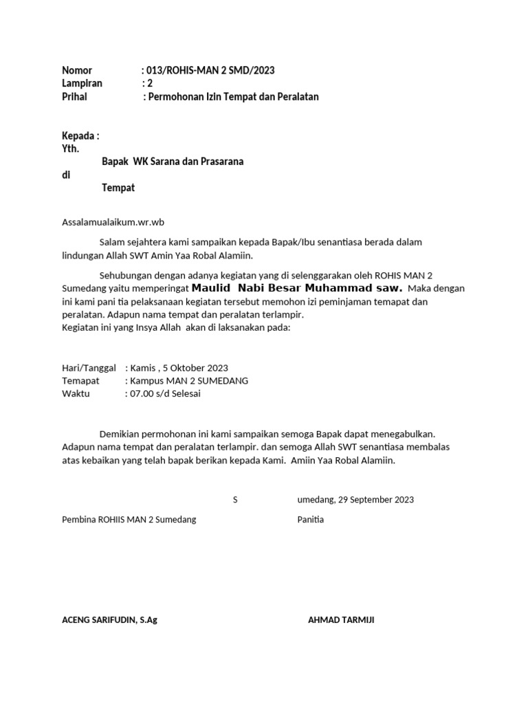 CONTOH SURAT PERMOHONAN LOMBA ROHIS | PDF