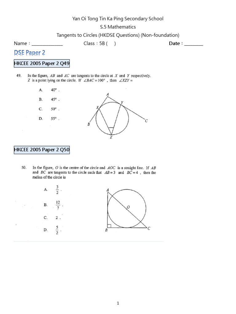 Tangents To Circles (HKDSE Questions) (Non-Foundation) | PDF