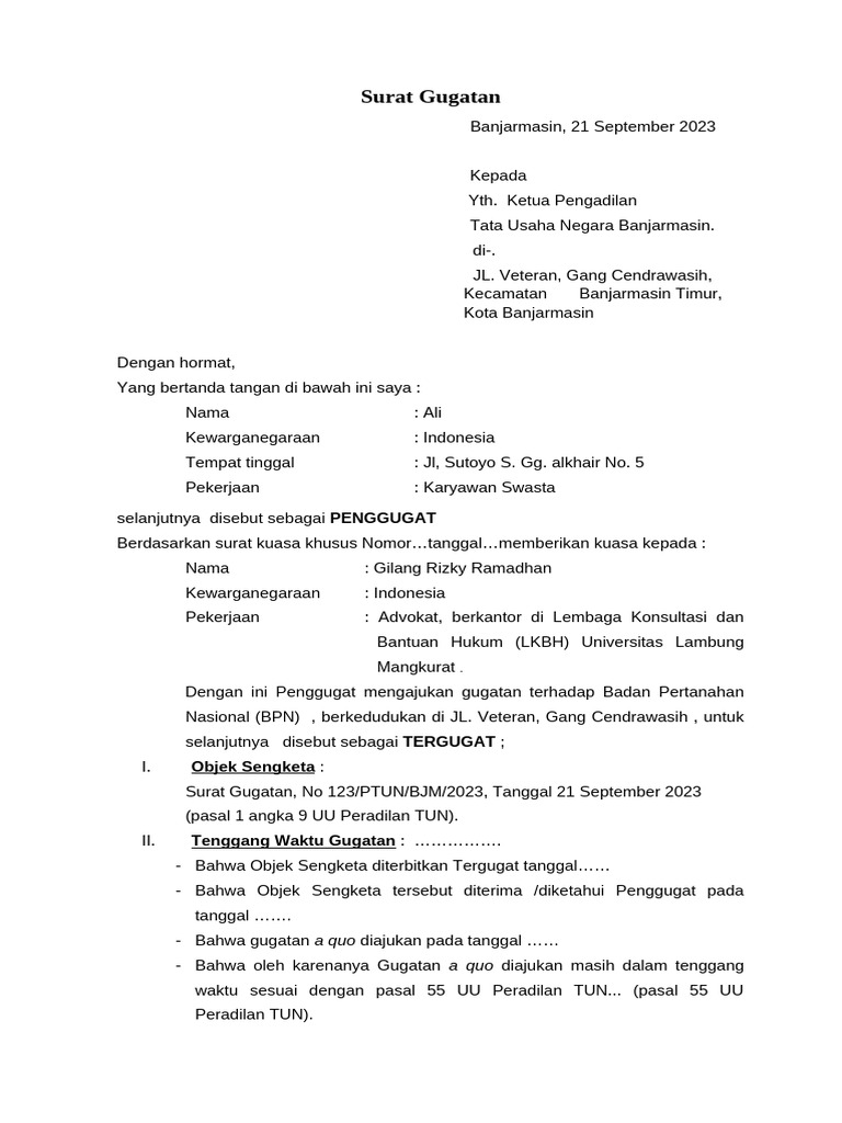 Surat Gugatan TUN GILANG | PDF