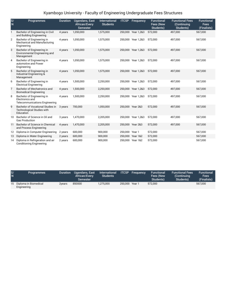 Kyambogo University - Faculty of Engineering Undergraduate Fees Structures | PDF | Engineering ...