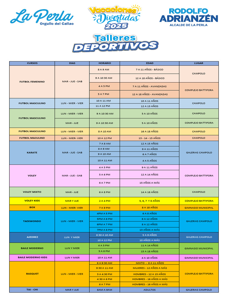 Horario Vacaciones Divertidas 2025 | PDF
