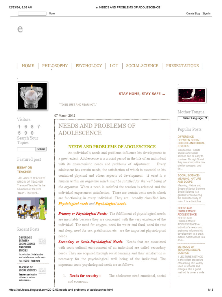 Adolescent Needs and Problems Explained | PDF | Adolescence | Science