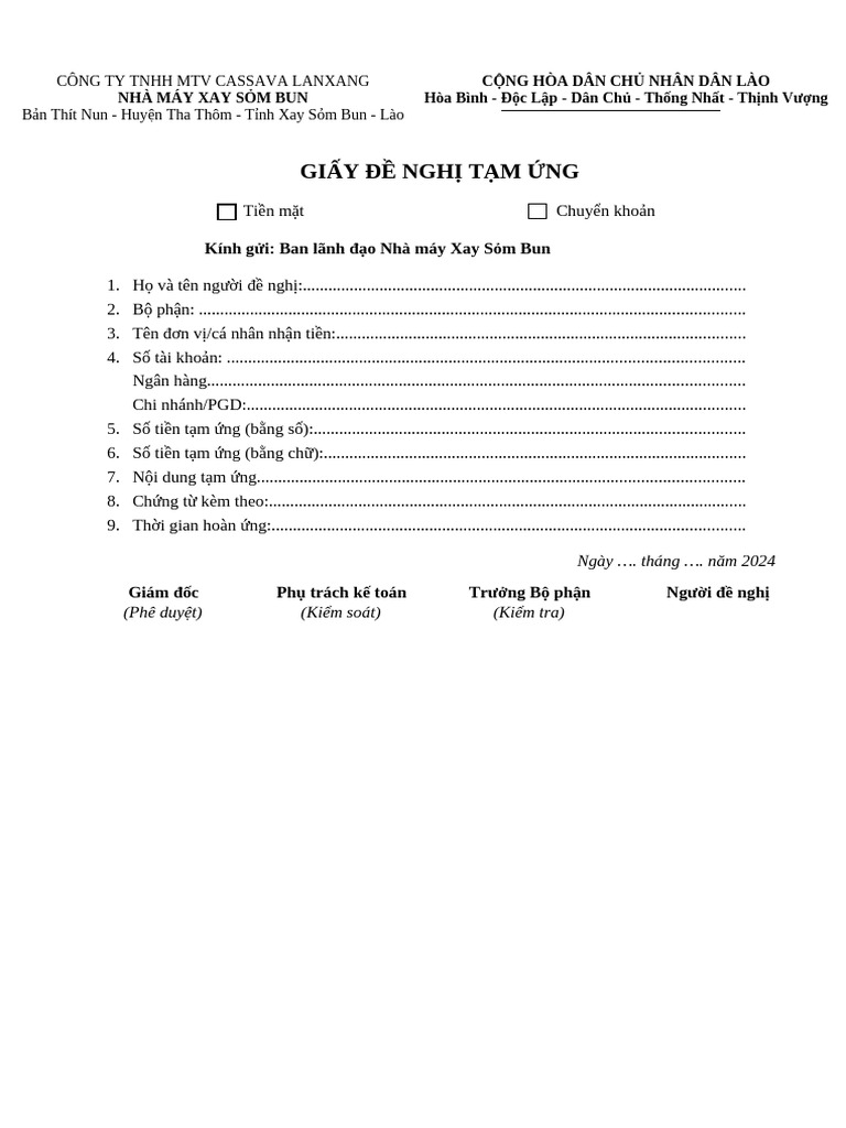 BM01_Giay de nghi tam ung. Nhà máy Mẫu gửi ngân hàng | PDF