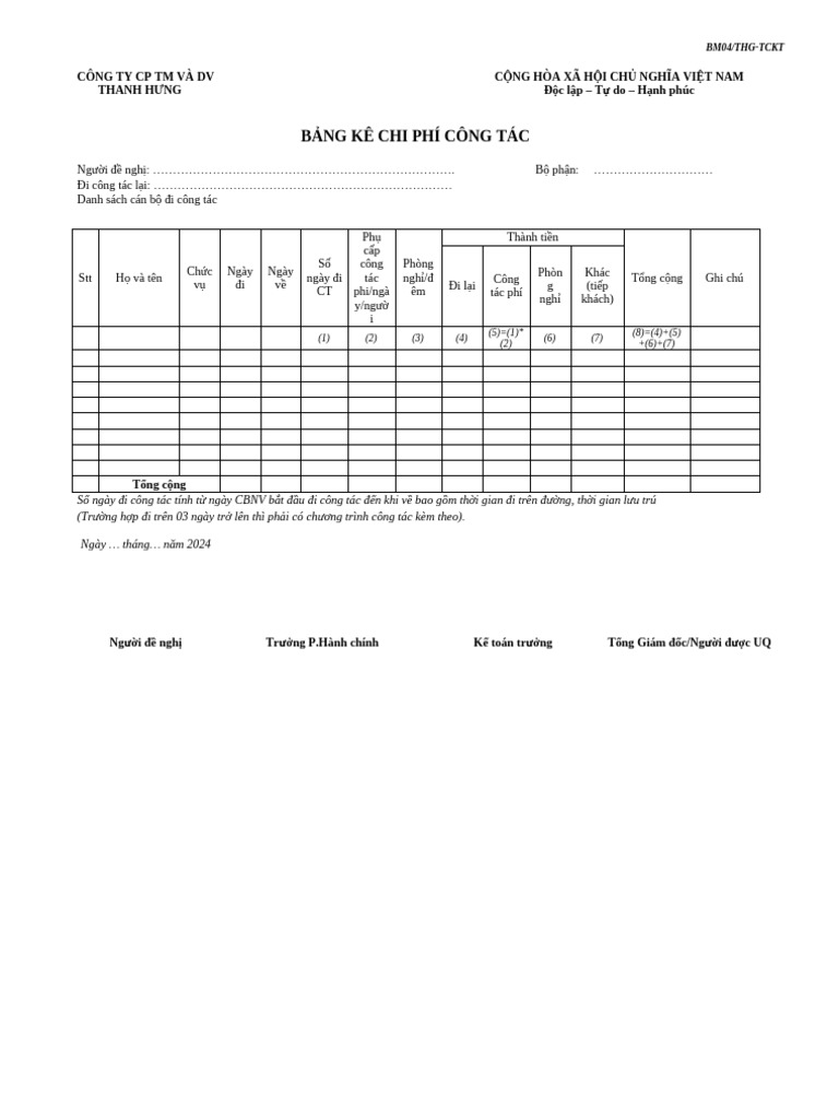 BM04 - Bang Ke Chi Phi Di Cong Tac | PDF