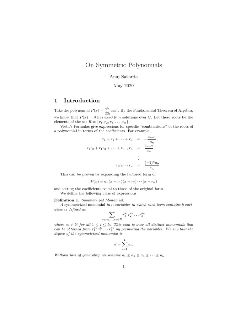 On Symmetric Polynomials | PDF | Numerical Analysis | Mathematics