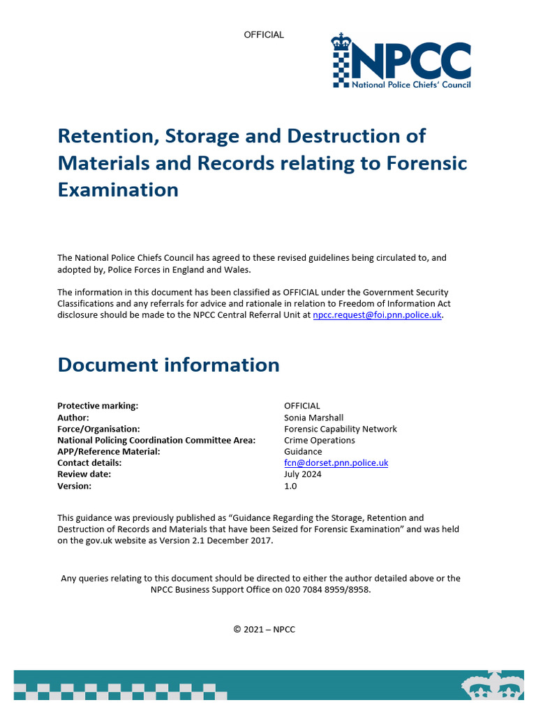 NPCC Forensic Retention Guidance v1.0 | PDF | Forensic Science ...
