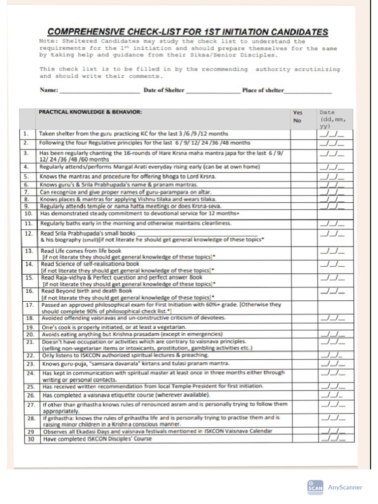 check list for initiation iskcon | PDF
