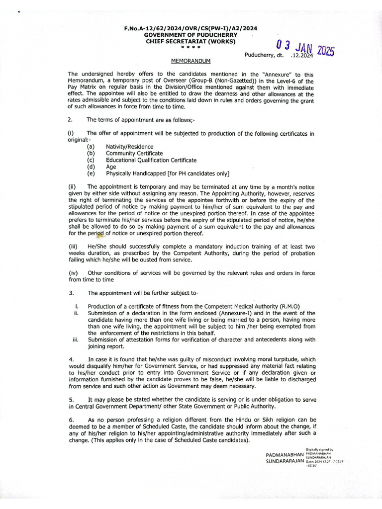 Provisional Appointment Order Overseer | PDF