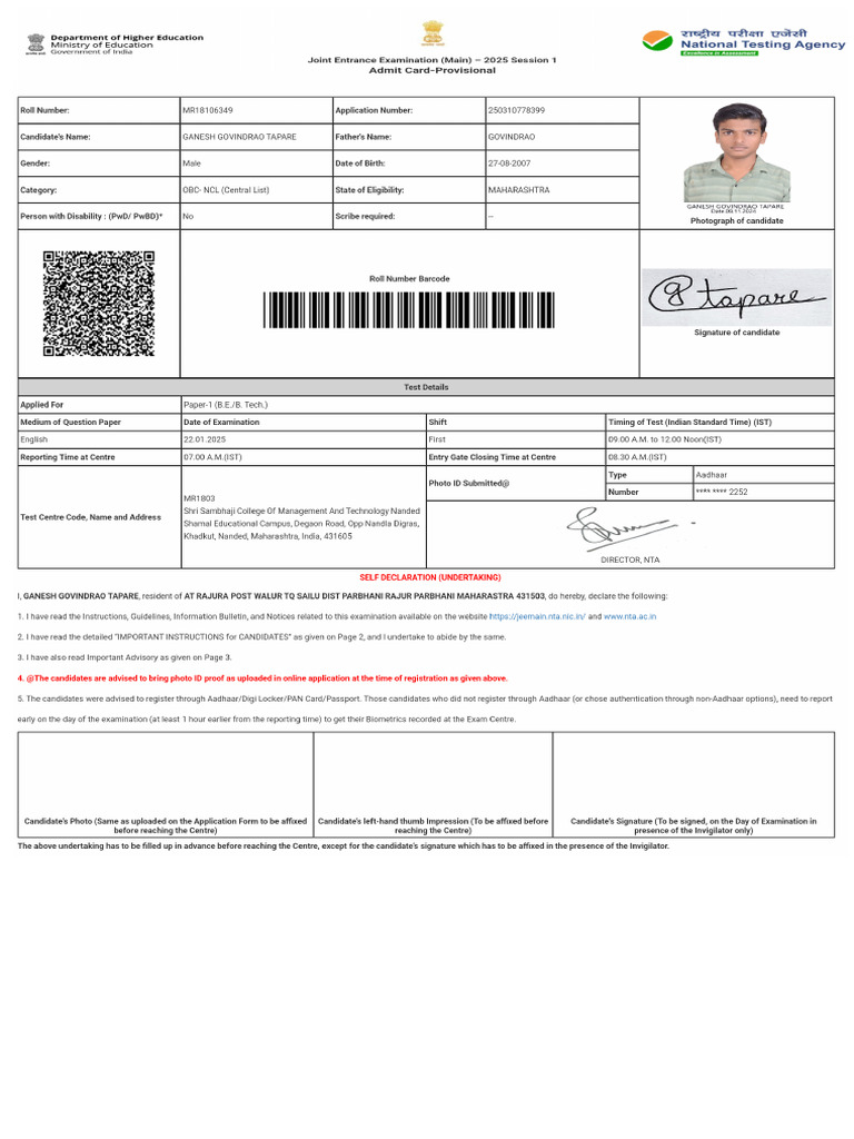 Application Details for NTA 250310778399 | PDF