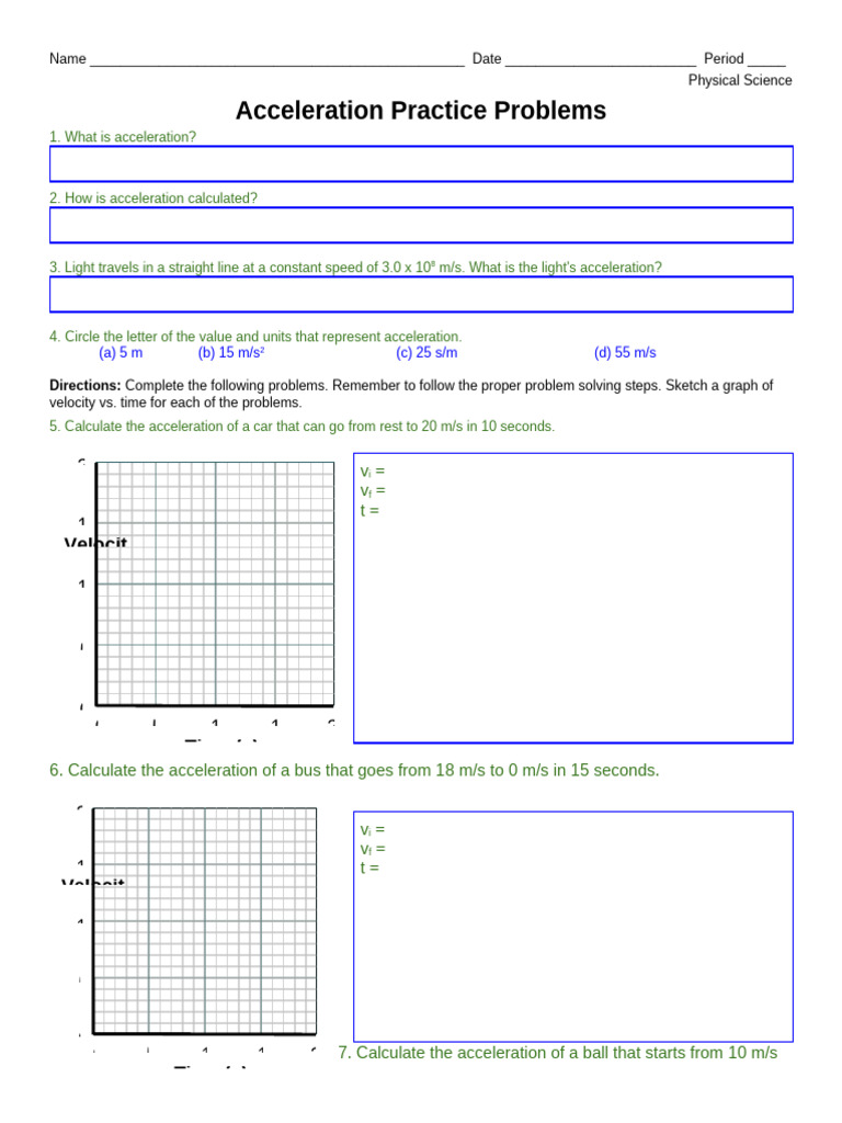 Acceleration Practice Problems | PDF | Velocity | Acceleration