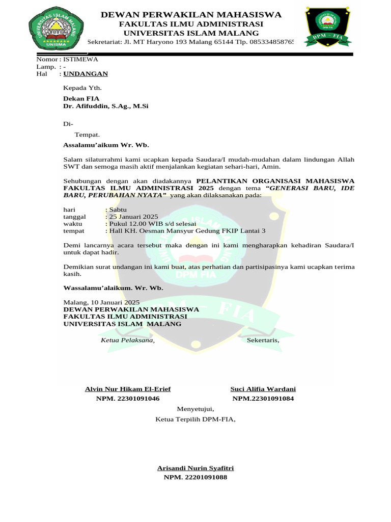 Pelantikan Ormawa FIA 2025 | PDF