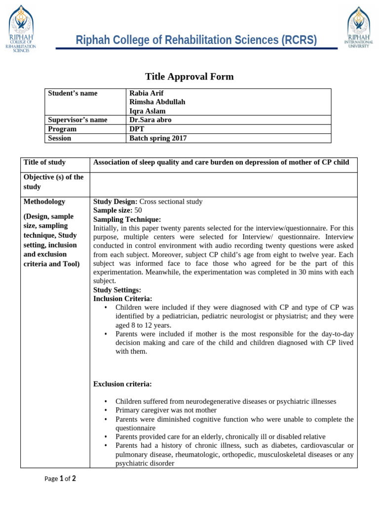 DPT Title Approval Form. | PDF | Chronic Condition | Mental Disorder