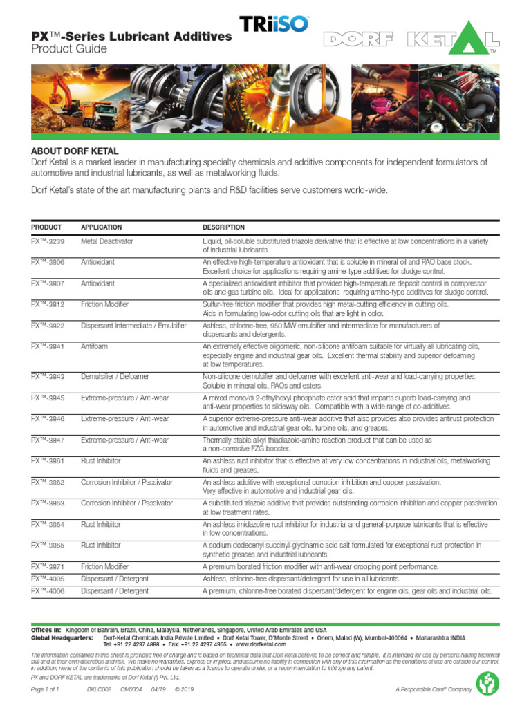Dorf Ketal Lubricant Additives Line Card | PDF | Lubricant | Motor Oil