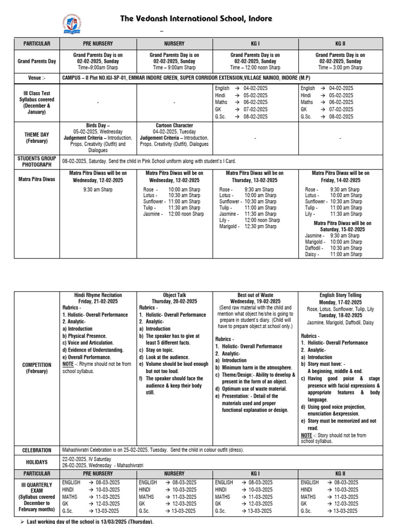 Vedansh International School Agenda 2024-25 | PDF