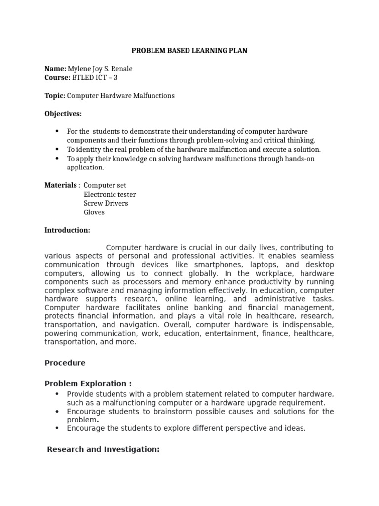 Problem Based Learning Plan | PDF | Computer Hardware | Educational ...