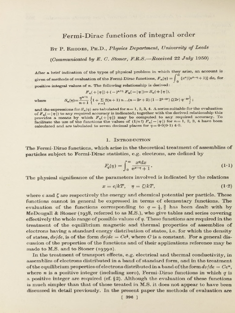 Rhodes Stoner 1997 Fermi Dirac Functions of Integral Order | PDF | Function (Mathematics) | Electron