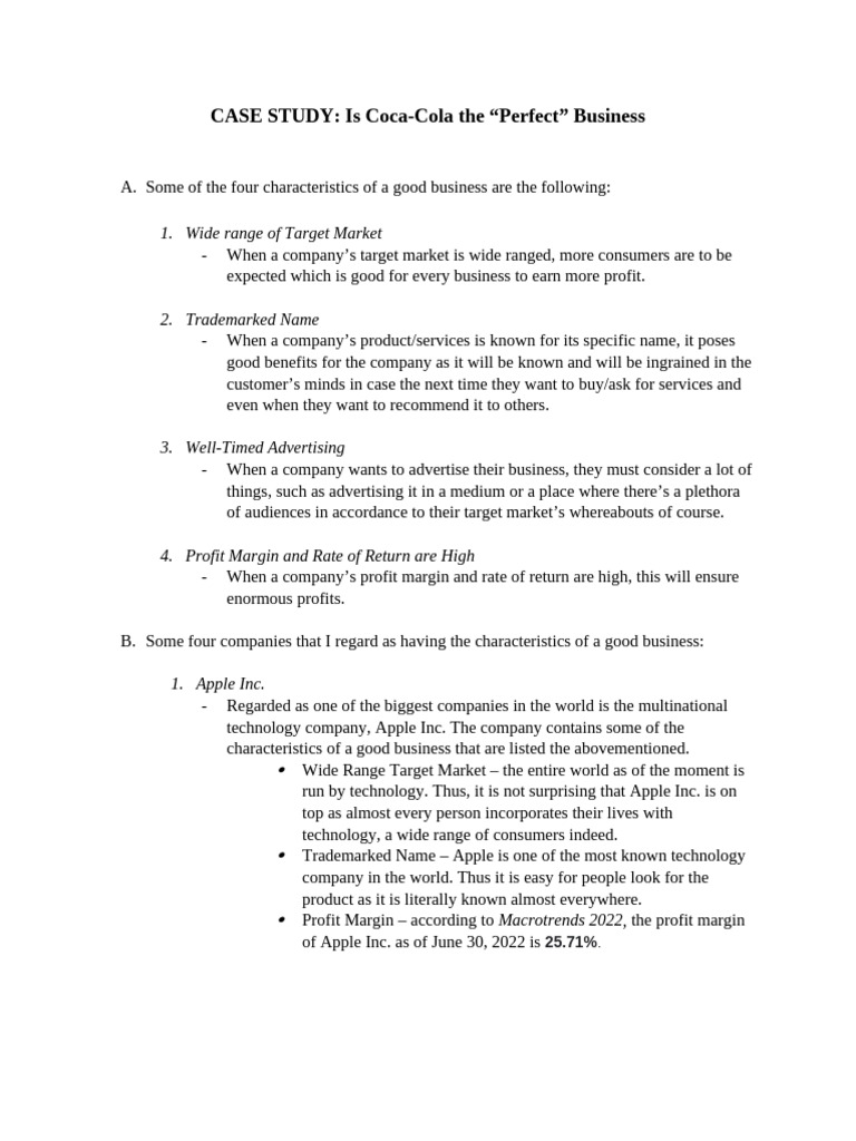 CASE STUDY Is The Coca-Cola A Perfect Business (ORTEGA, BSA - 1B) | PDF ...