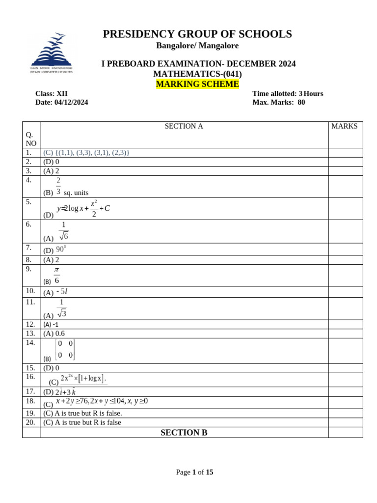 Class XII Mathematics Preboard Marking Scheme | PDF | Mathematics