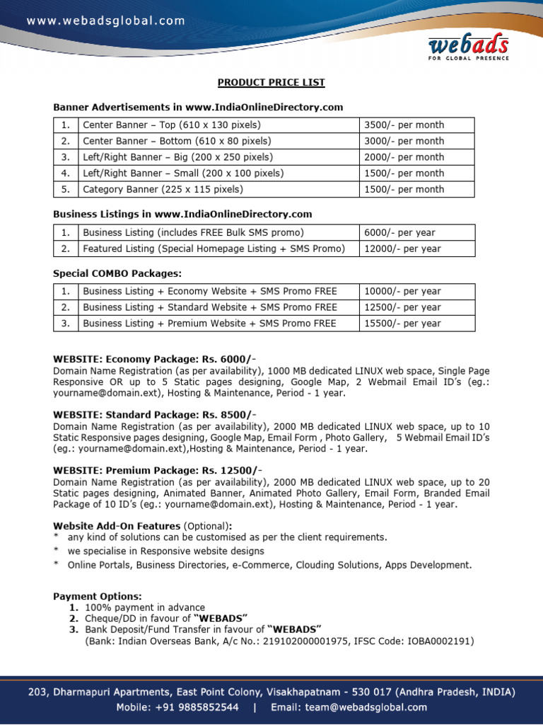 WEBADS - Product Price List | PDF | Websites | Internet
