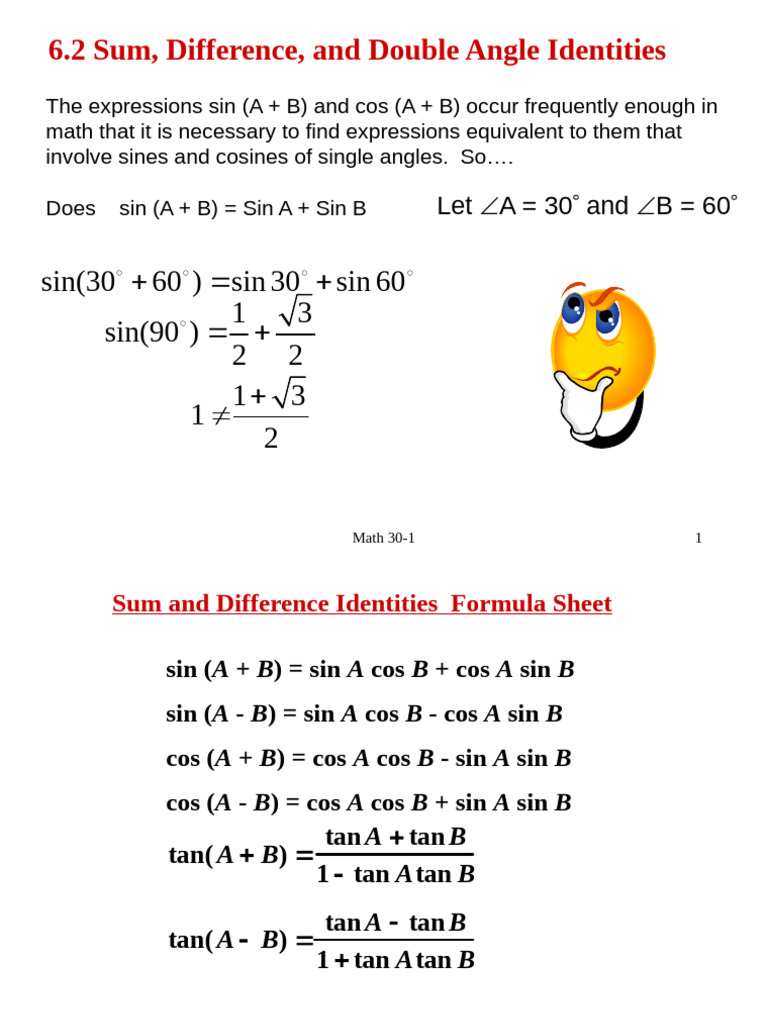 6.2 Sum, Difference, and Double Angle Identities | PDF | Trigonometric ...