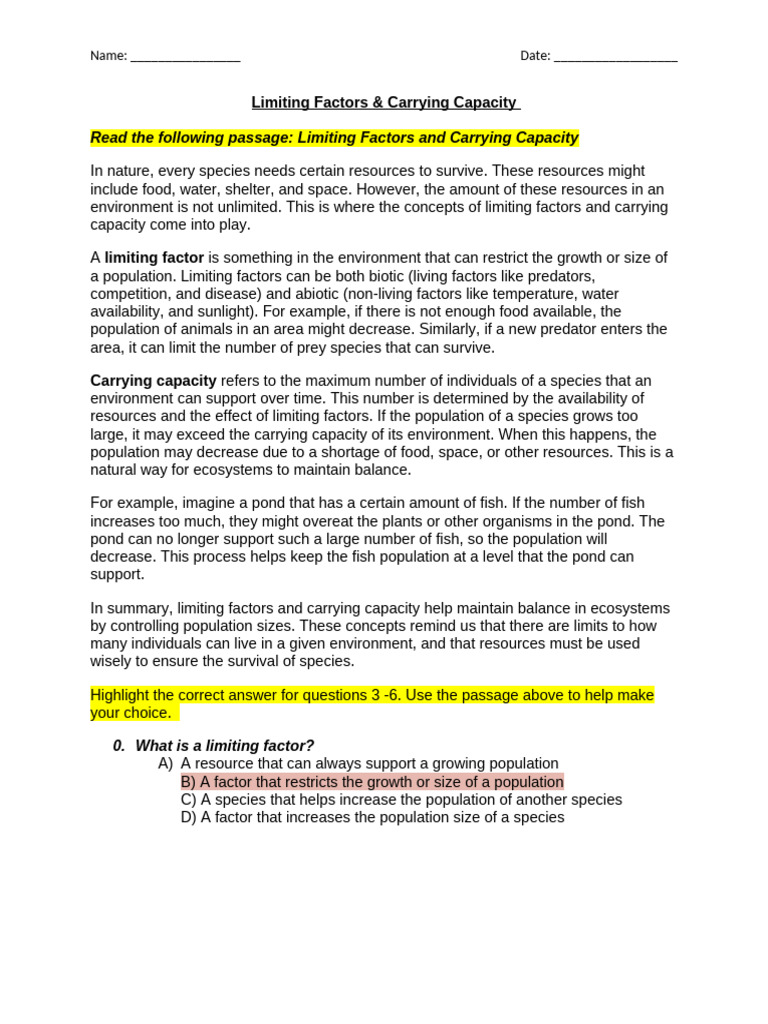Limiting Factors and Carrying Capacity | PDF | Natural Environment ...