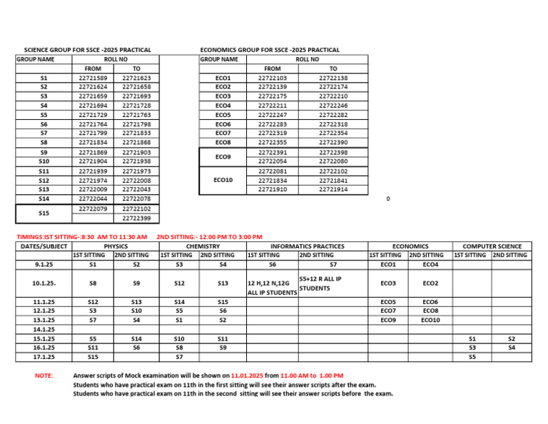 Schedule For Ssce 2025 Practical (Eco, Phy, Chem, CS, Ip) | PDF