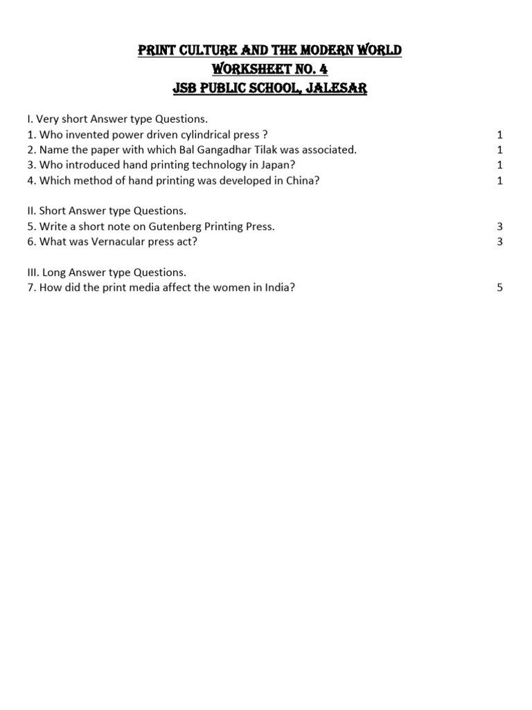 Print Culture Worksheet for Students | PDF