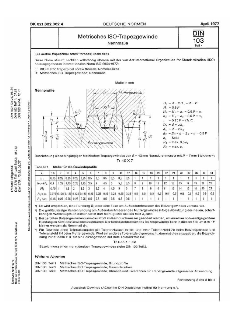 DIN 103 Part 4 ISO Trapezoidal Threads | PDF