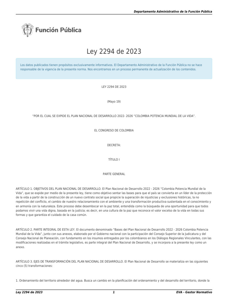 Ley 2294 de 2023 | PDF | Presupuesto | Planificación