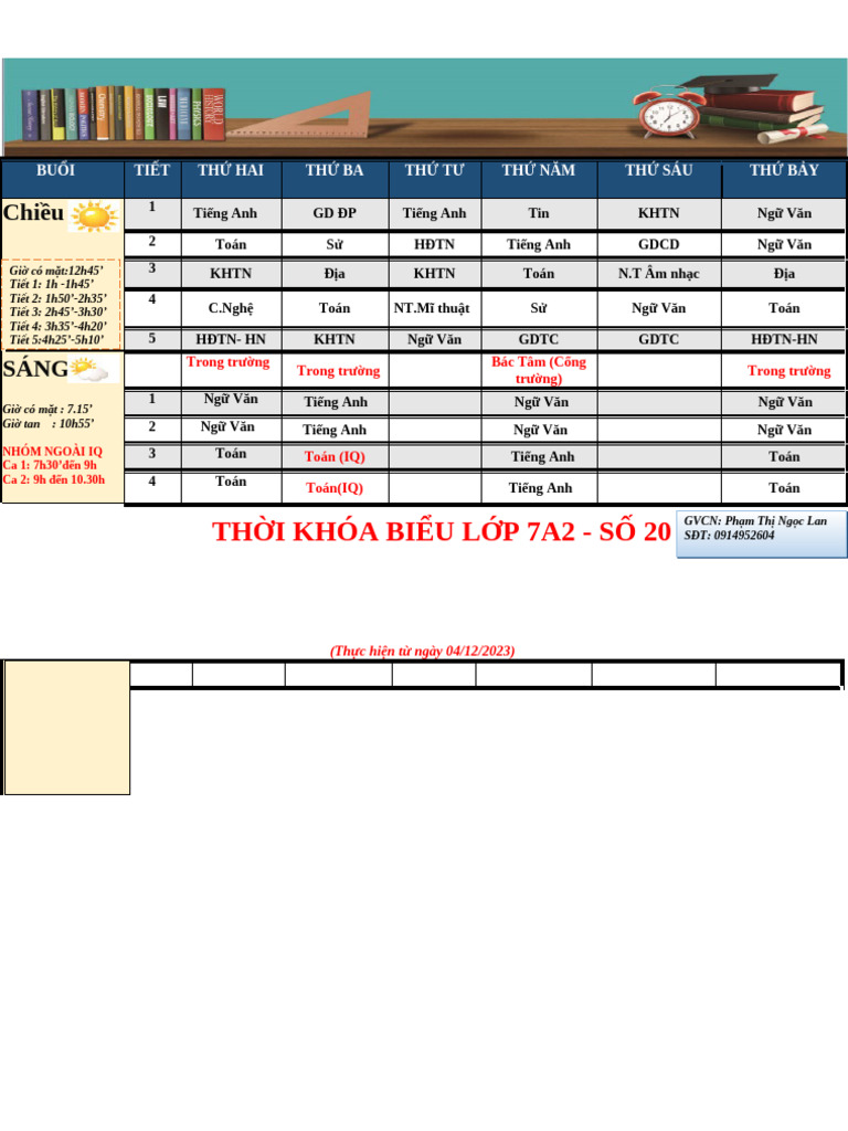 7A2 THỜI KHÓA BIỂU MỚI | PDF