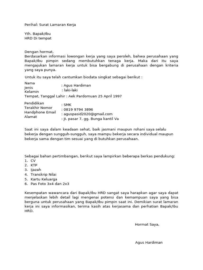 Surat Lamaran Agus Hardiman | PDF