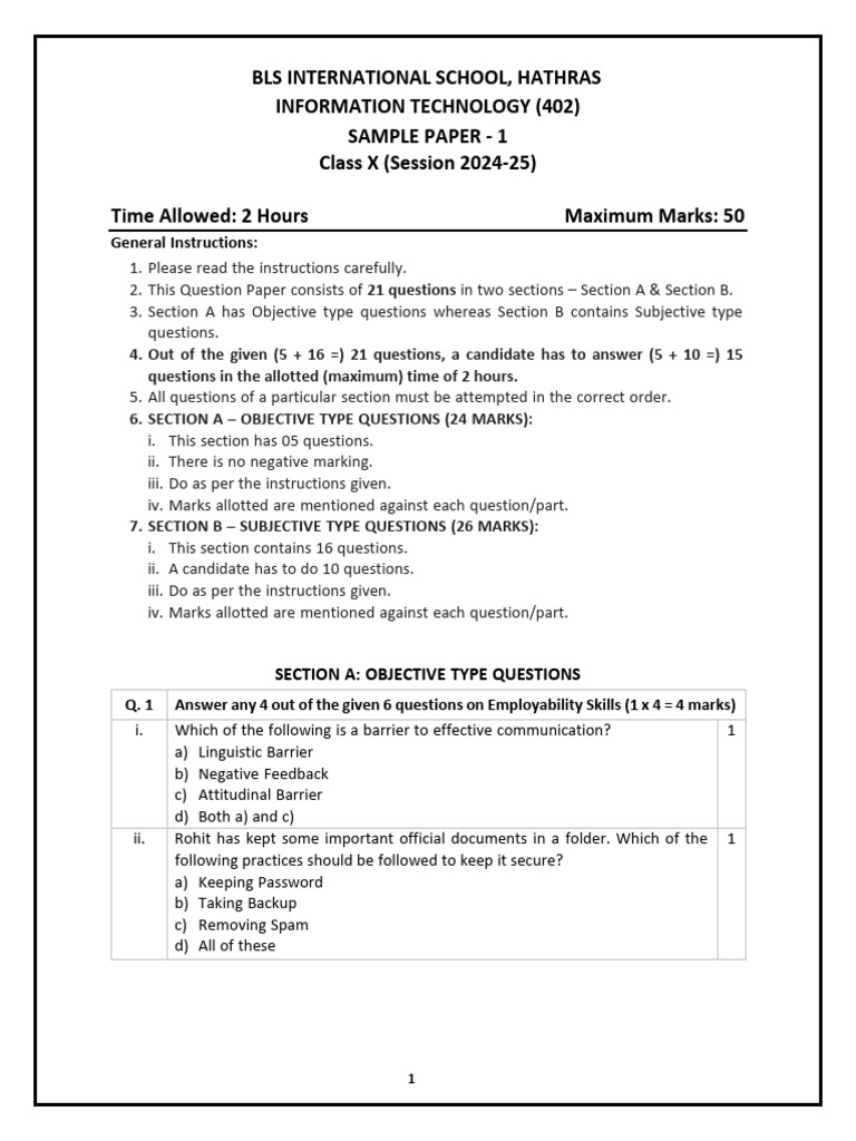 IT (402) Class X SAMPLE PAPER 1 | PDF | Databases | Computing