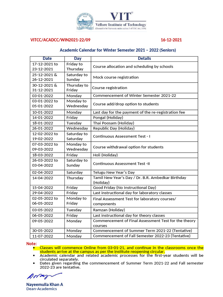 Academic Calender For Winter Semester 2021-22-Seniors | PDF | Academic ...