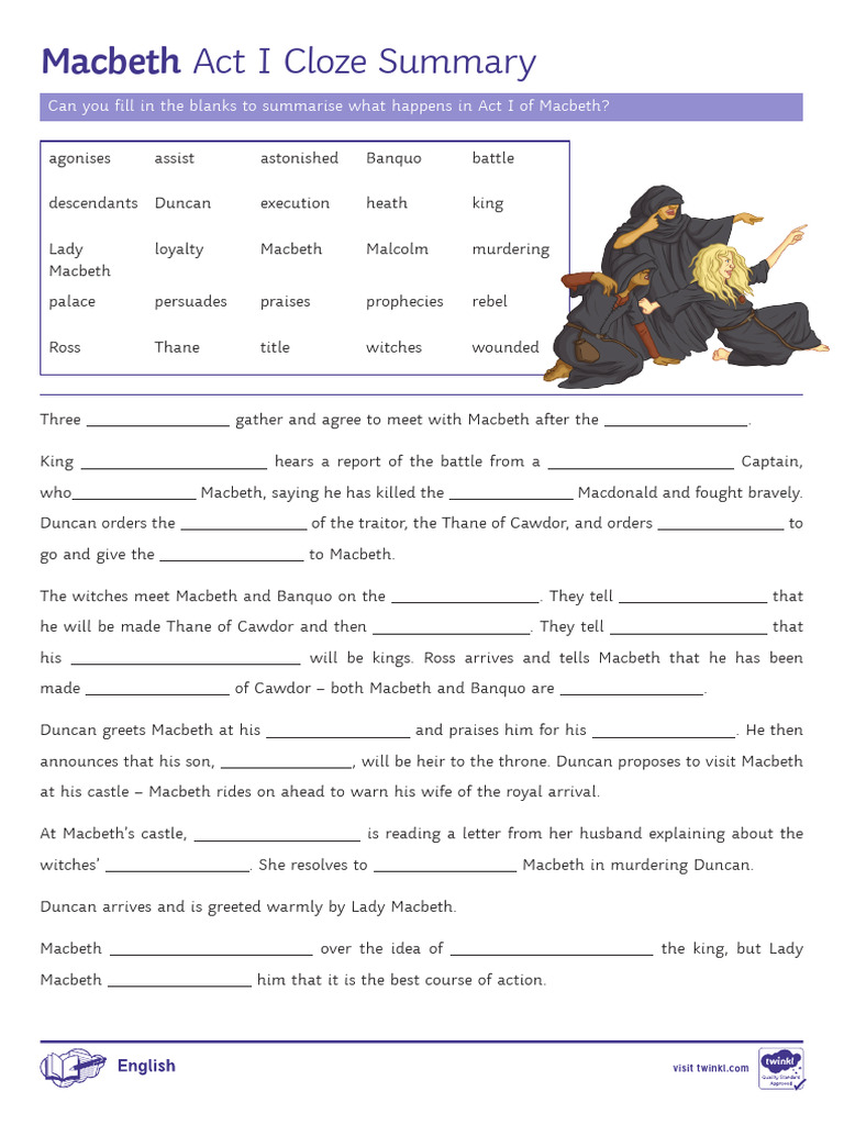 Macbeth Act I Summary Exercise | PDF | Macbeth | Shakespearean Characters