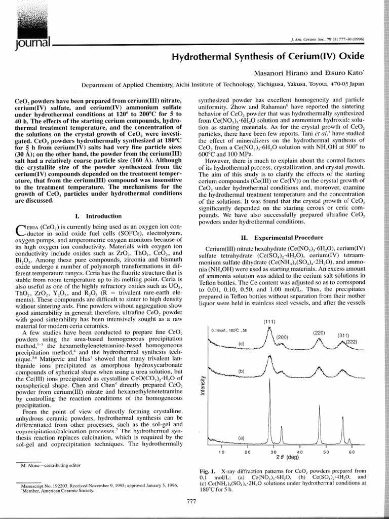 Hydrothermal Synthesis of Cerium Oxide | PDF