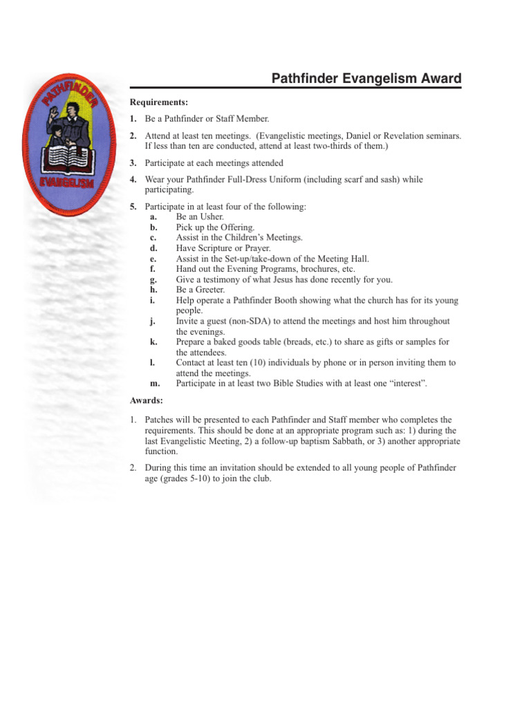 Pathfinder Evangelism Award Criteria | PDF