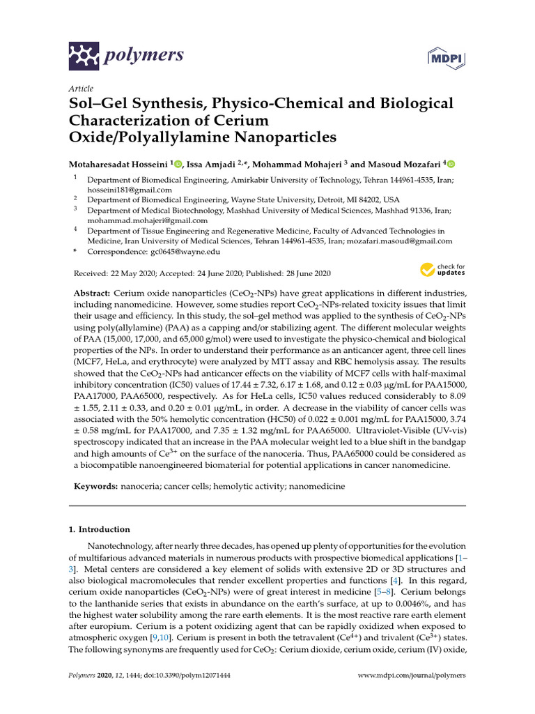 Sol Gel Synthesis, Physico Chemical and Biological Characterization of Cerium Oxide ...