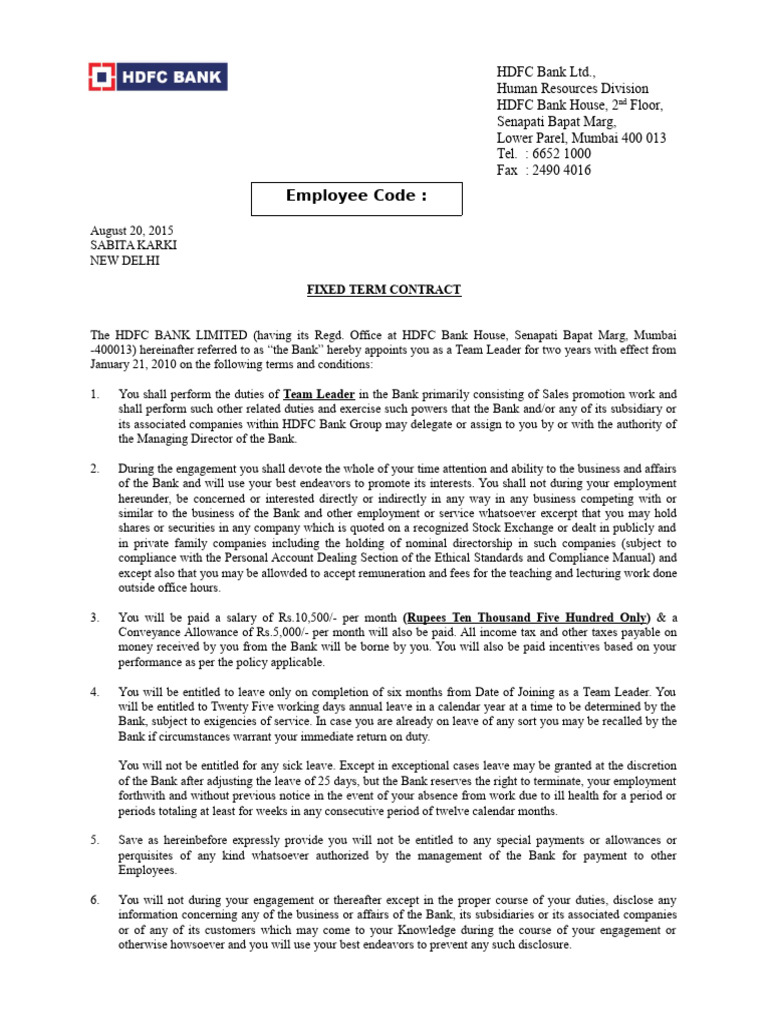HDFC Offer Letter Compress | PDF | Employment | Banks
