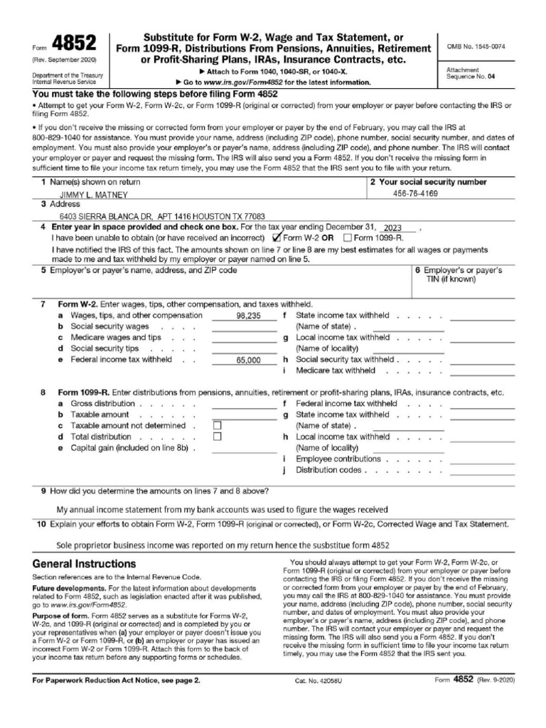 Form 4852 For Jimmy L. Matney | PDF