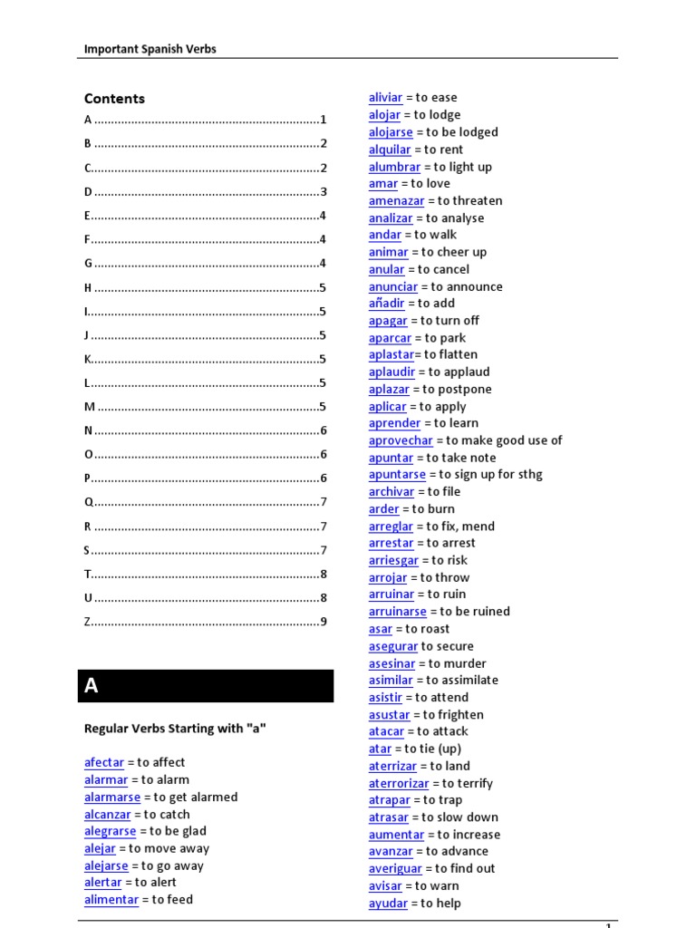 Important Spanish Verb List | Grammatical Conjugation | Grammar | Free ...