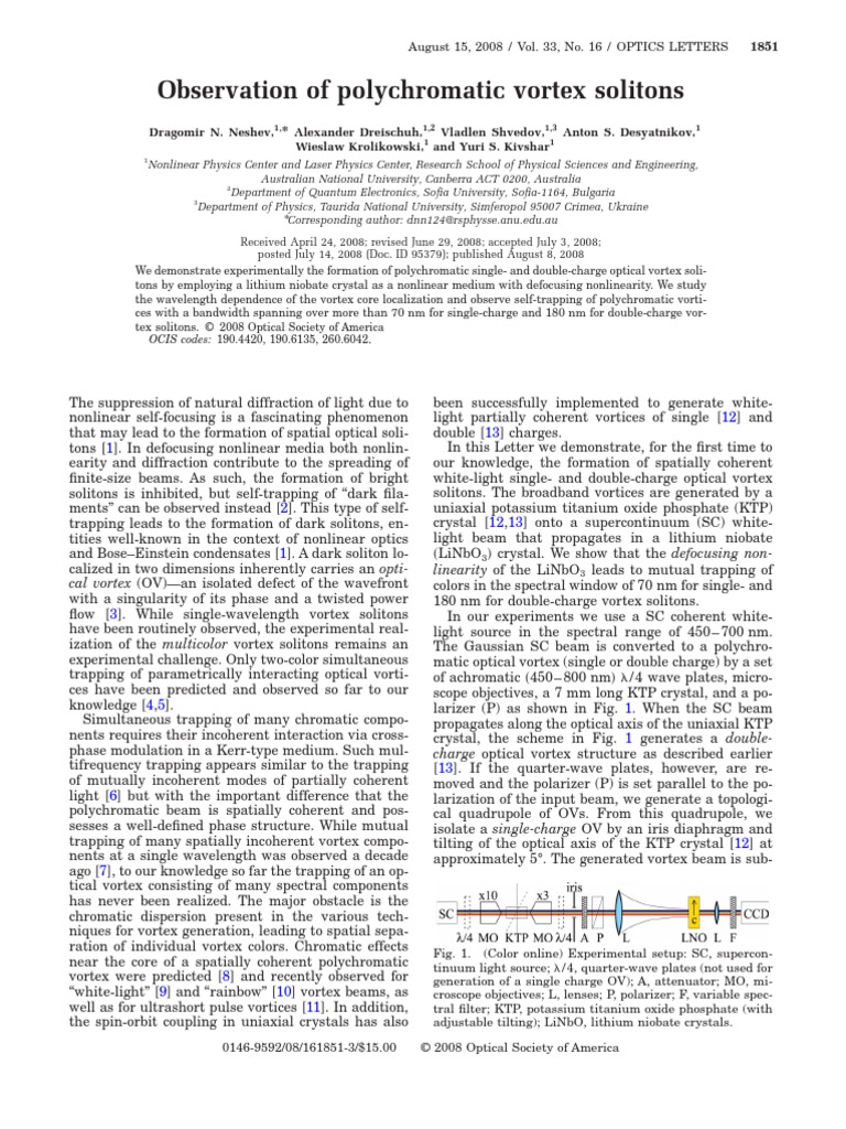 Dragomir N. Neshev Et Al - Observation of Polychromatic Vortex Solitons | PDF | Nonlinear Optics ...