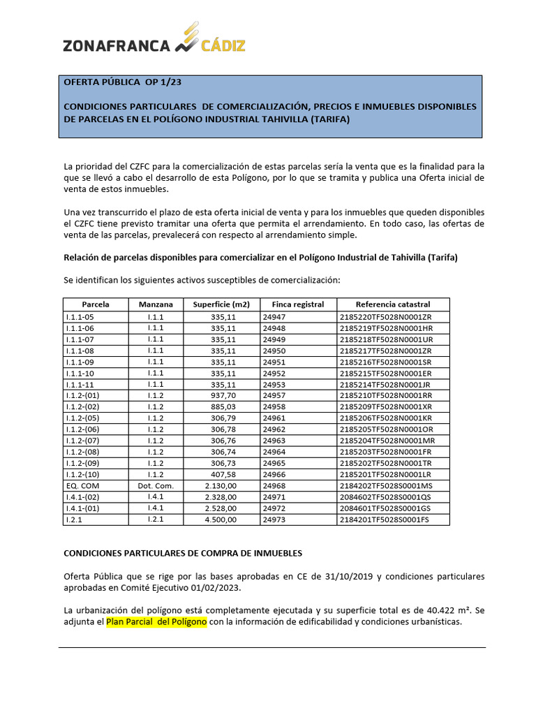 Op0123 Venta Inmuebles Disponibles y Condiciones Particulares | PDF | Economias
