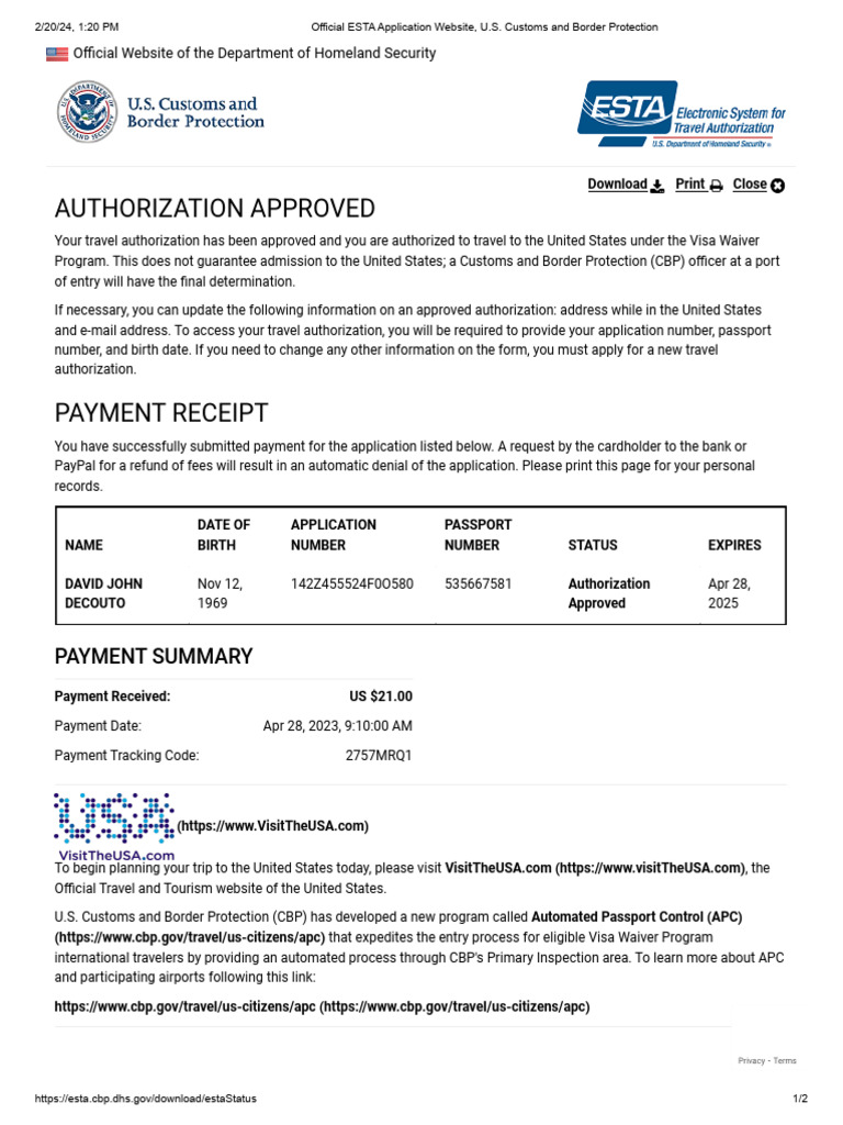Official ESTA Application Website, U.S. Customs and Border Protection | PDF