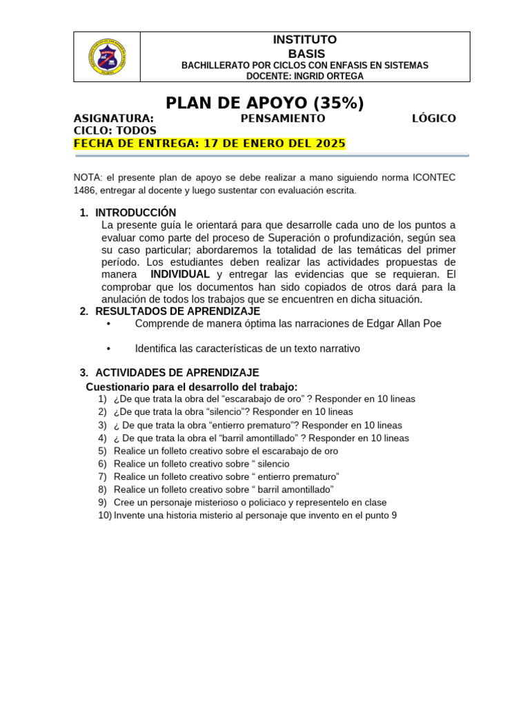 Plan de Apoyo: Pensamiento Lógico y Poe | PDF | Evaluación | Aprendizaje