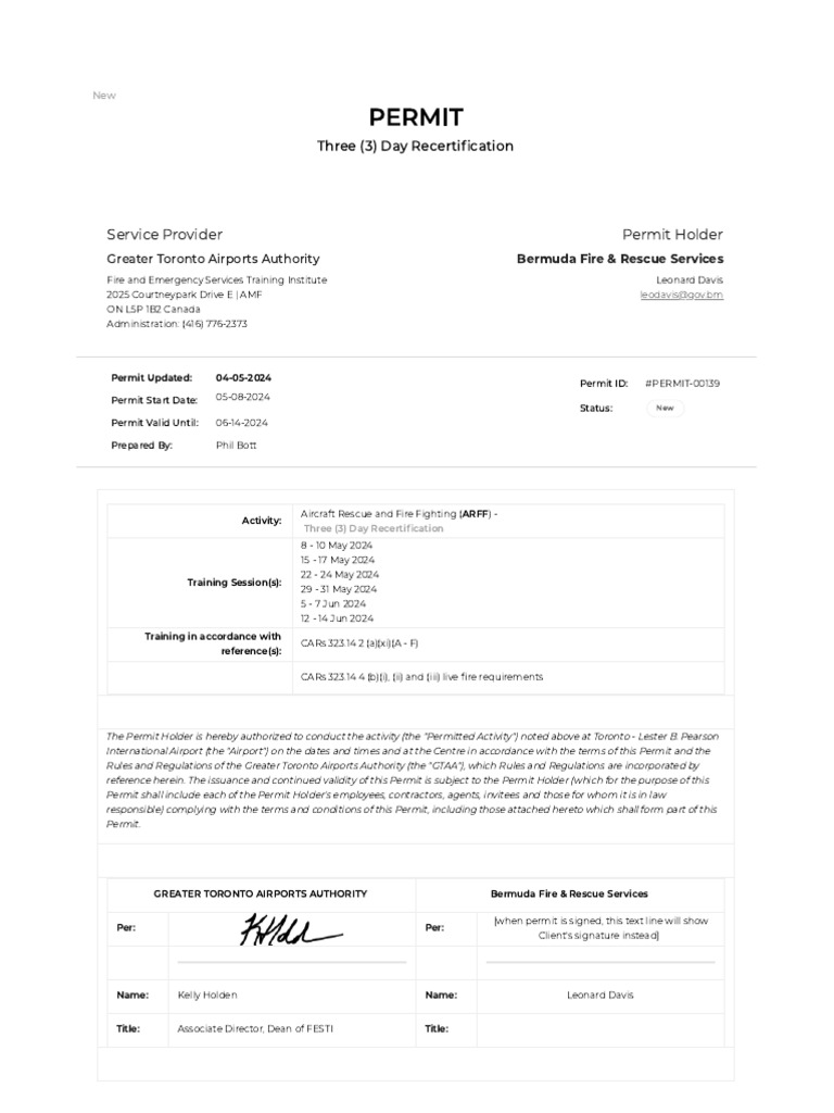 Greater Toronto Airports Authority Permit - Bermuda 3 Day Recerts ...