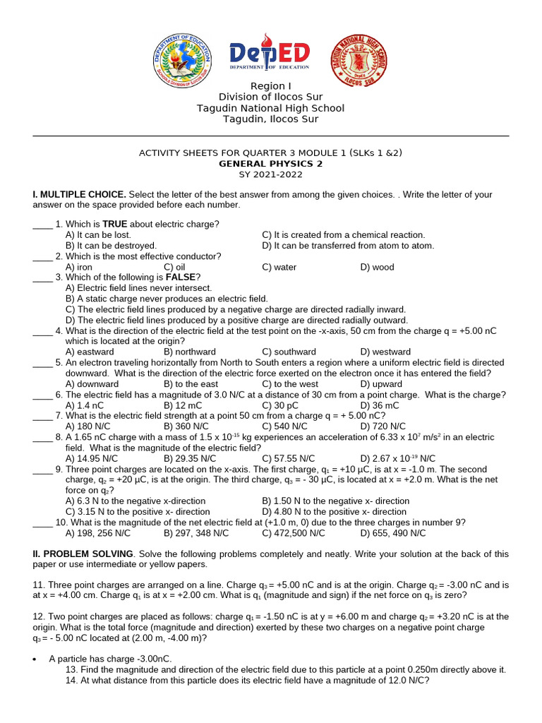 1 - Activity Sheet For Q3 SLK 1 in General Physics 2 Edited | PDF | Electric Field | Force