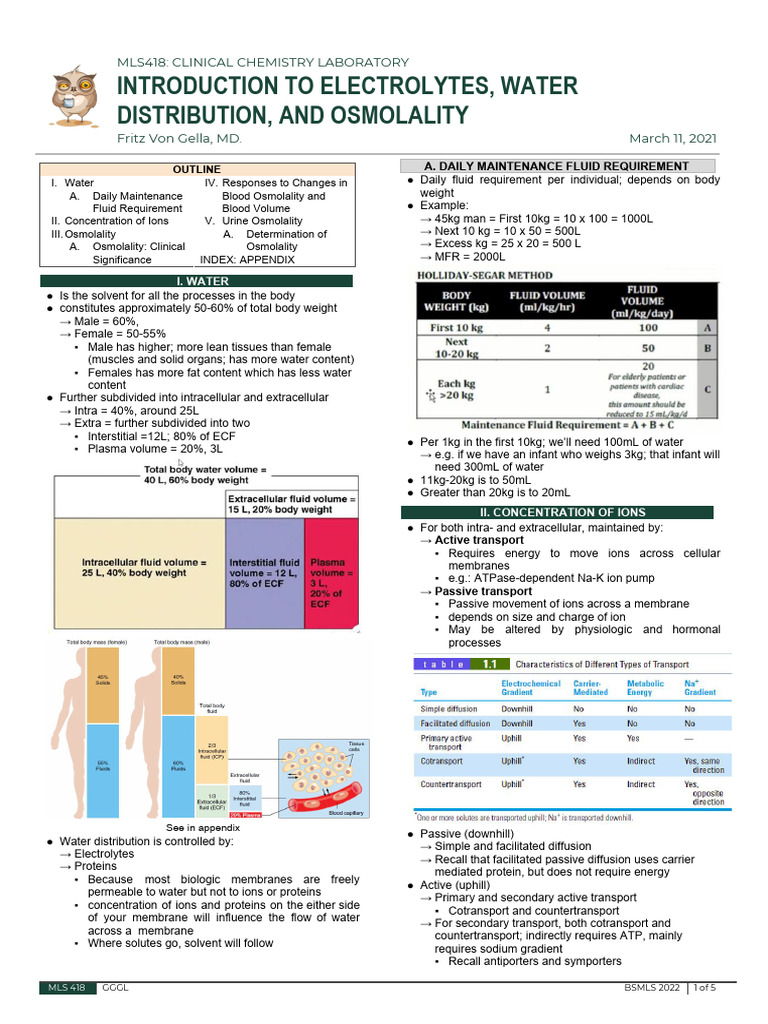 MLS418LAB - M2 - Introduction To Electrolytes, Water Distribution and ...