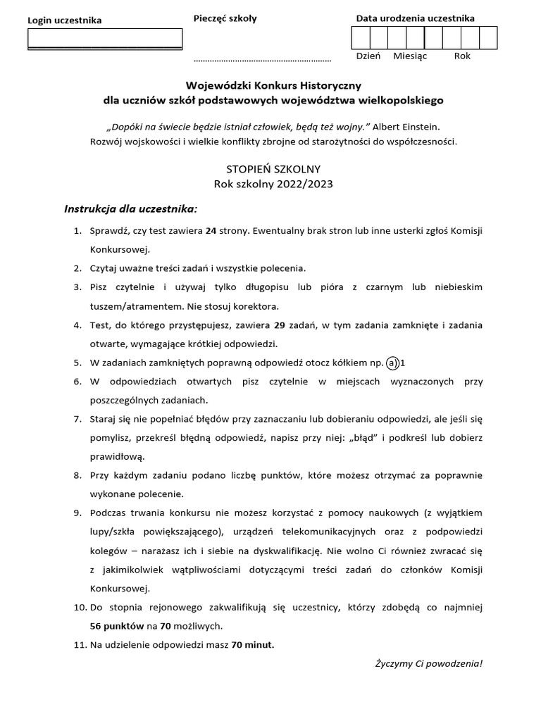 Wojewódzki Konkurs Historyczny Dla Uczniów Szkół Podstawowych Województwa Wielkopolskiego | PDF